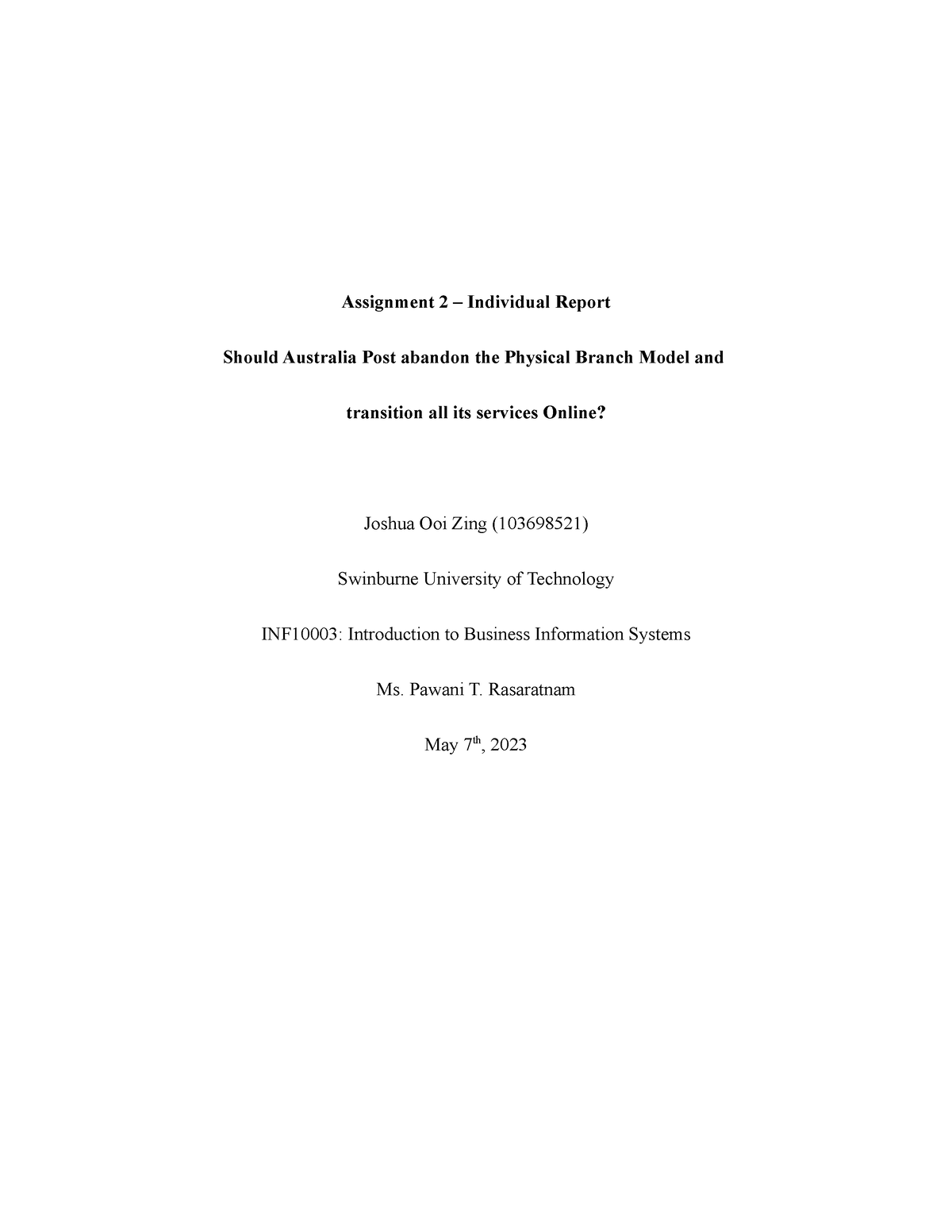 Inf10003 Assignment 2 Assignment 2 Individual Report Should