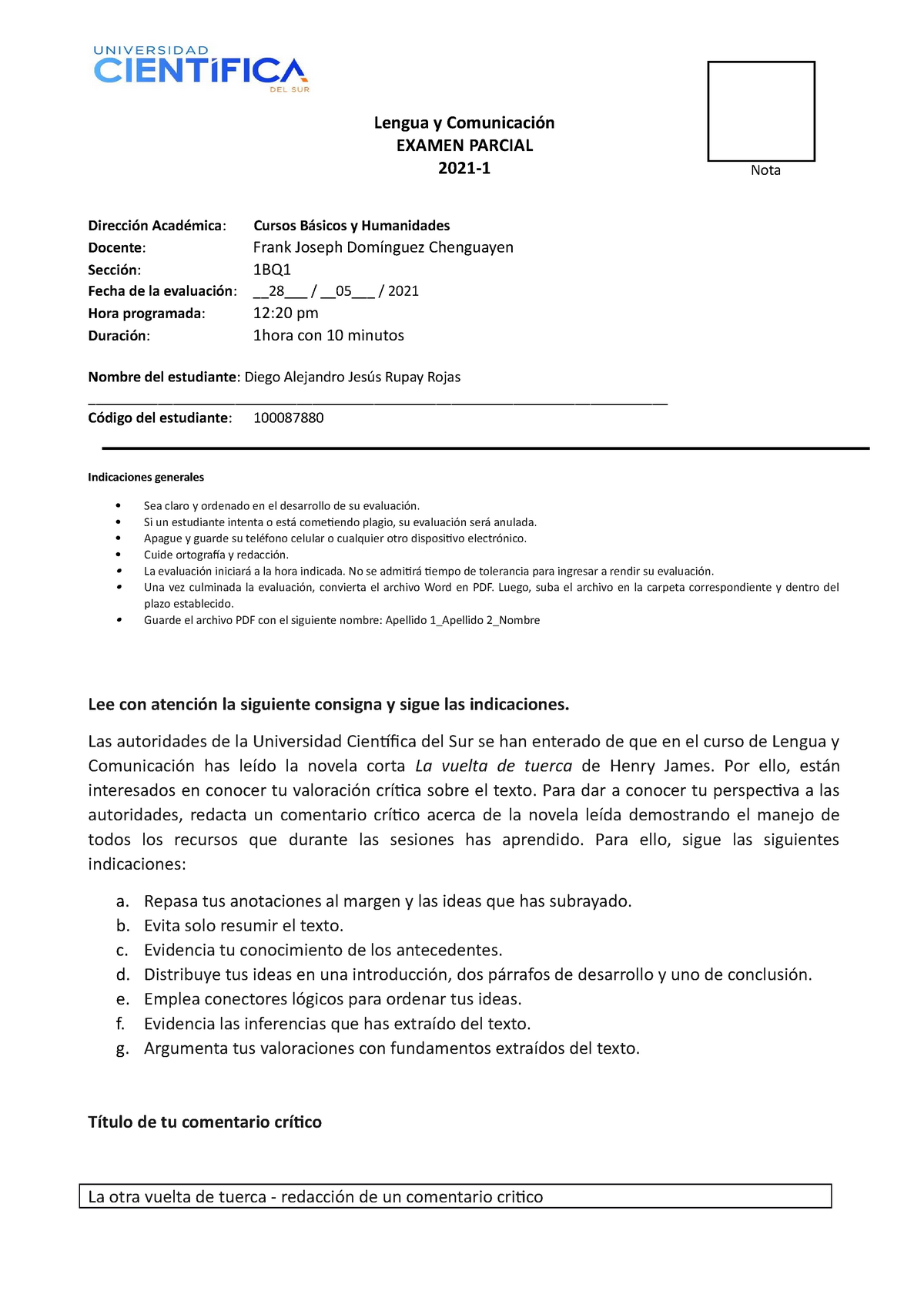 Examen Parcial Lenguaje Lengua Y Comunicación Examen Parcial 2021