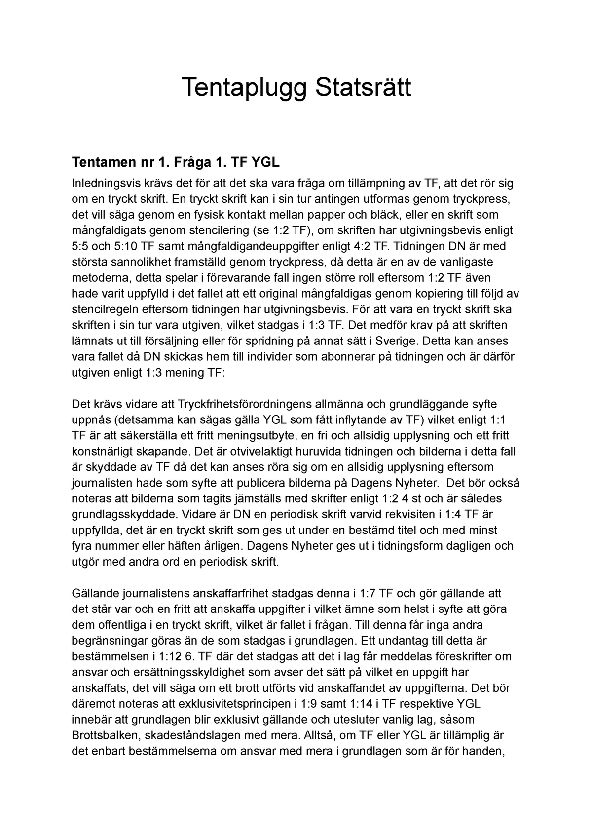 Tentafrågor Svar Statsrätt Tentaplugg Statsrätt Tentamen Nr 1