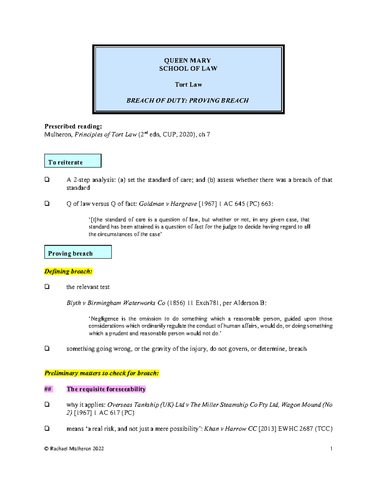 Breach Of Duty Lecture Schema Queen Mary School Of Law Tort Law