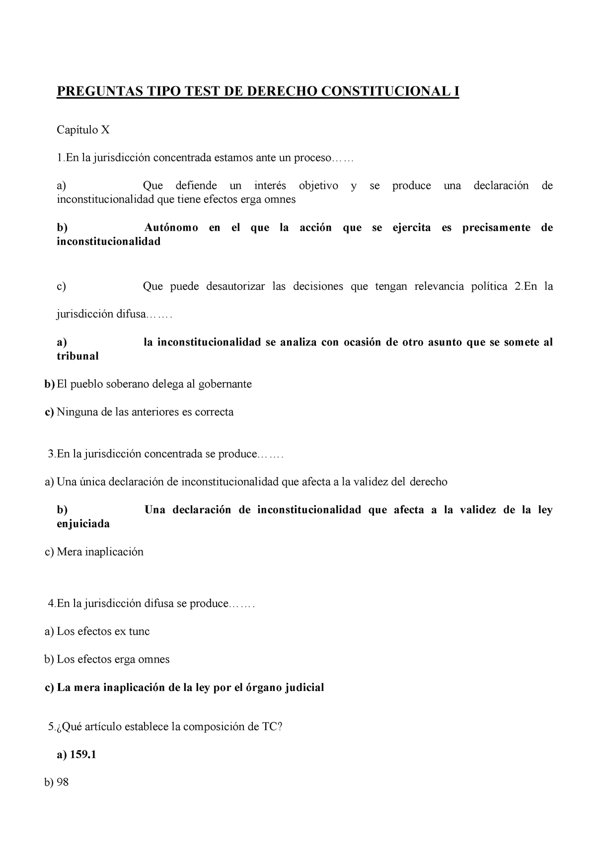 Examen De Derecho Constitucional I Preguntas Tipo Test De Derecho