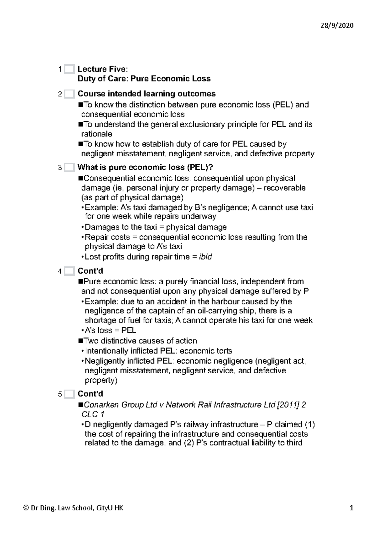 Tort Pure Economic Loss Lecture Five Duty Of Care Pure Economic