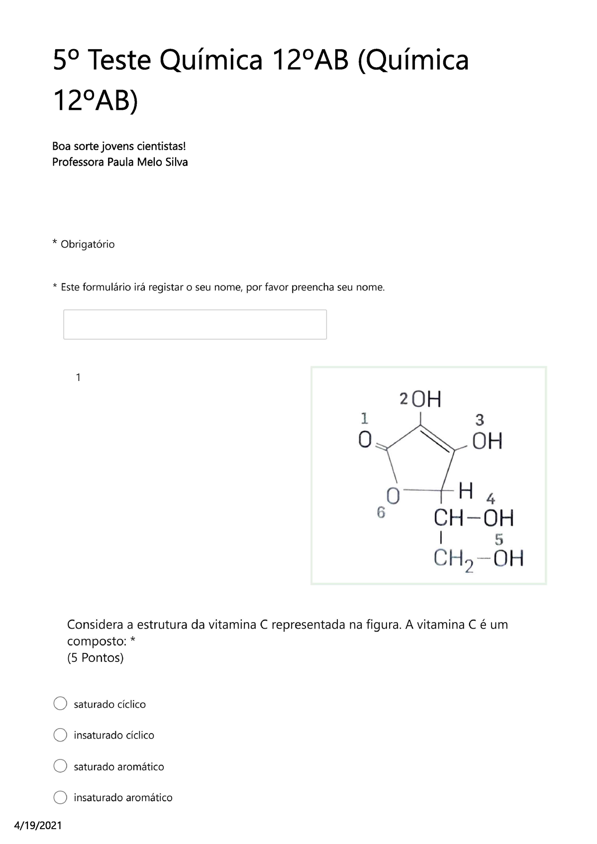 Teste De Química 12 Ano Química Orgânica Studocu