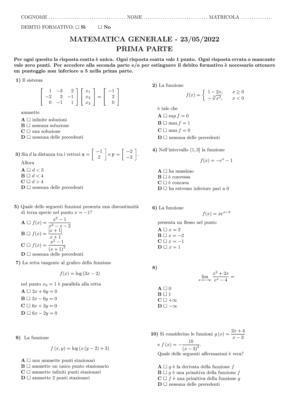 Simulazione Esame Matematica Generale 2022 Testo E Soluzioni Studocu