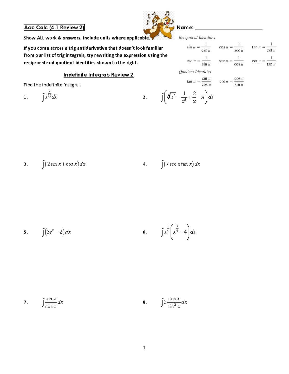 Acc Calc Indefinite Integrals Review 2 4 1 Acc Calc 4 Review 2