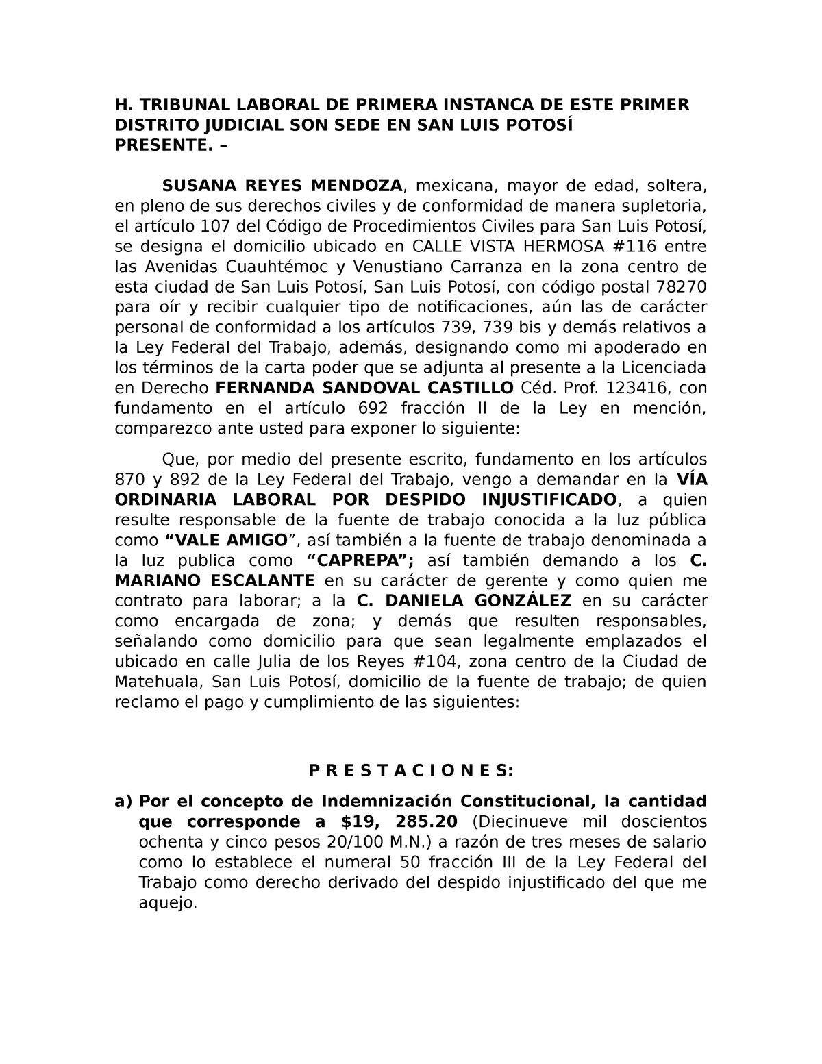 Demanda Laboral Por Despido Injustificado H Tribunal Laboral De