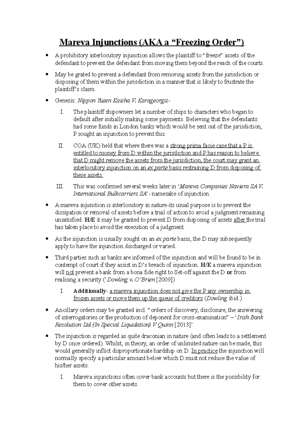 Mareva Injunctions Summary Law Of Equity Doctrines And Remedies