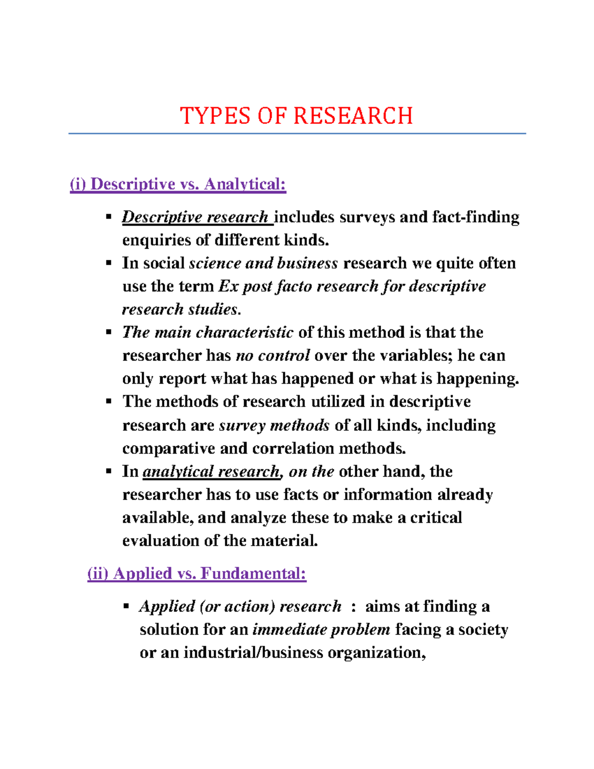 Types Of Reasearch Lecture Notes 5 Types Of Research I