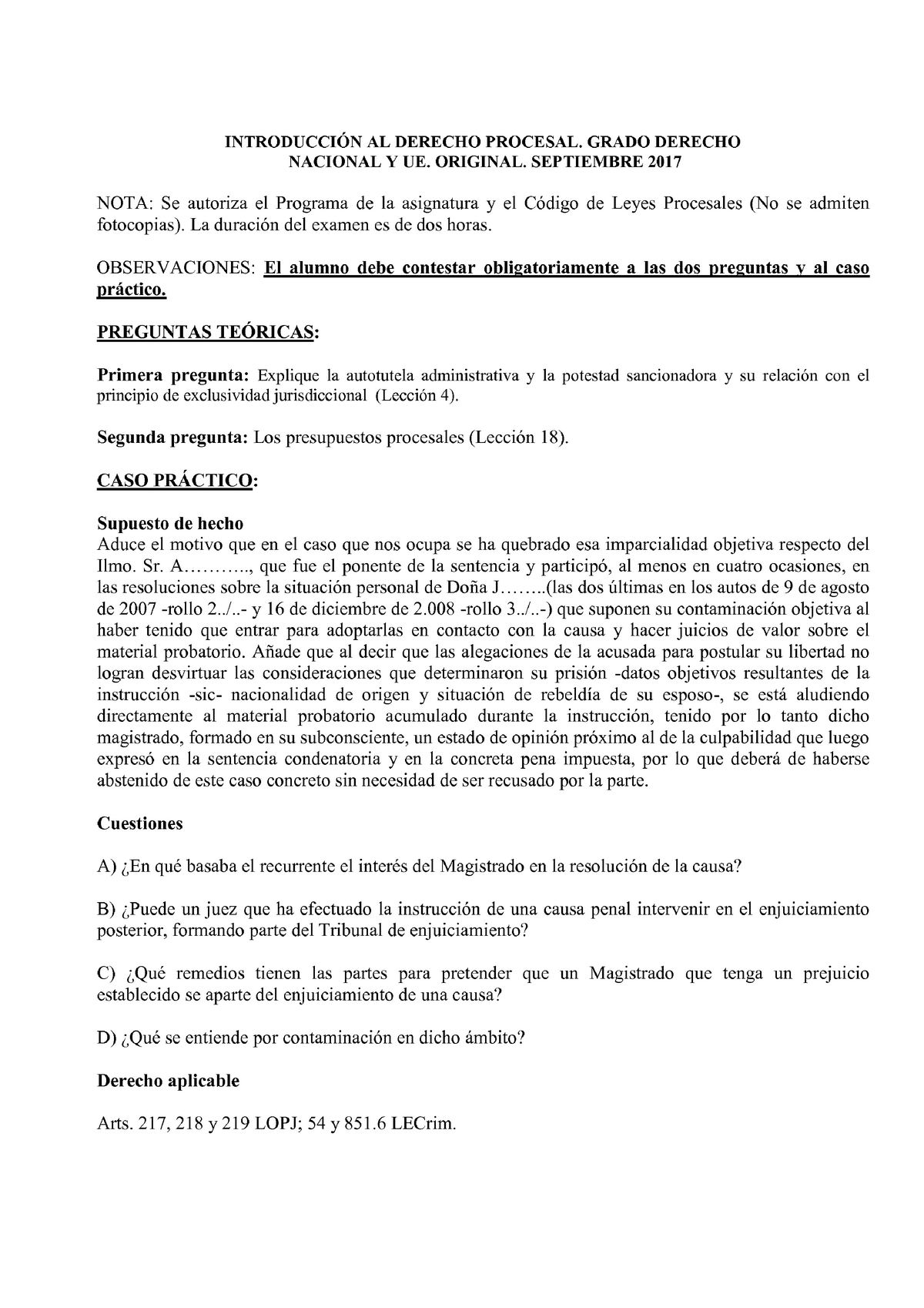 Examen 1 Septiembre 2017 Preguntas Introduccion Al Derecho Procesal