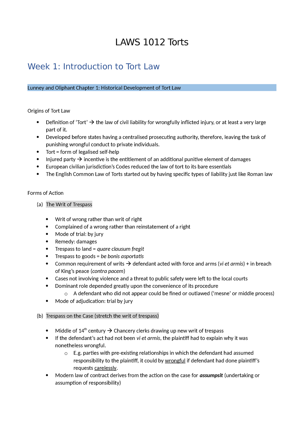 Laws1012 Torts Notes Laws 1012 Torts Week 1 Introduction To Tort