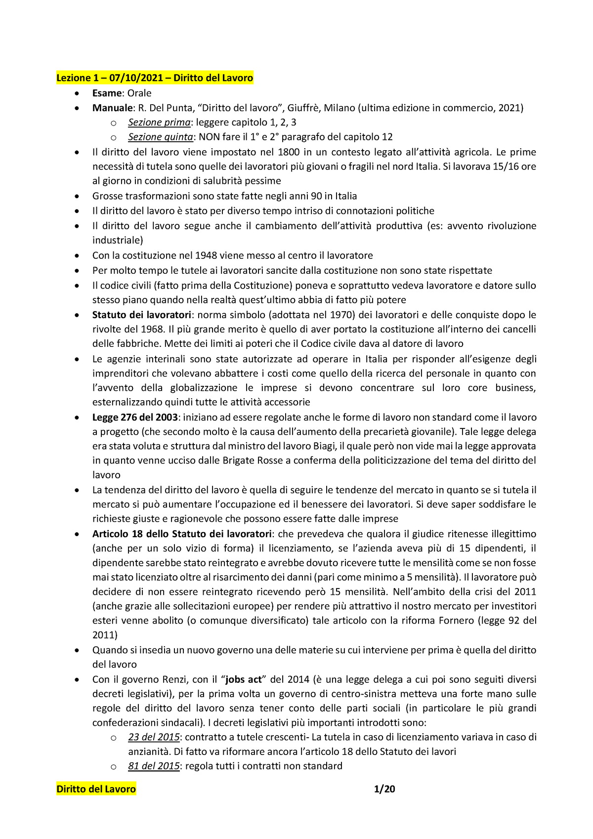 Copia Di Diritto Del Lavoro 1° Semestre Appunti Lezione 1 0710