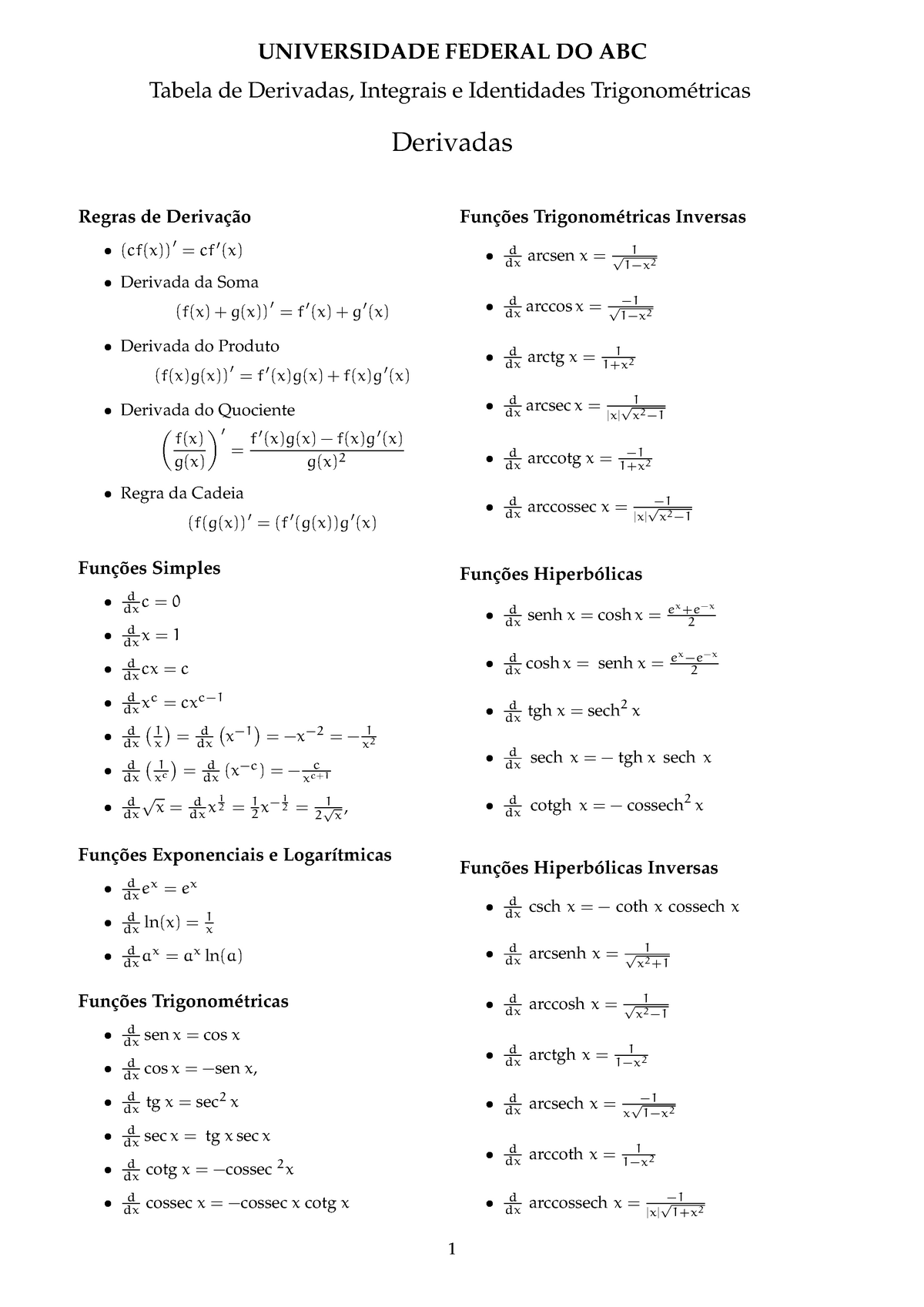 Identidades Trigonometricas Derivadas E Integrais Tabela Todas Hot