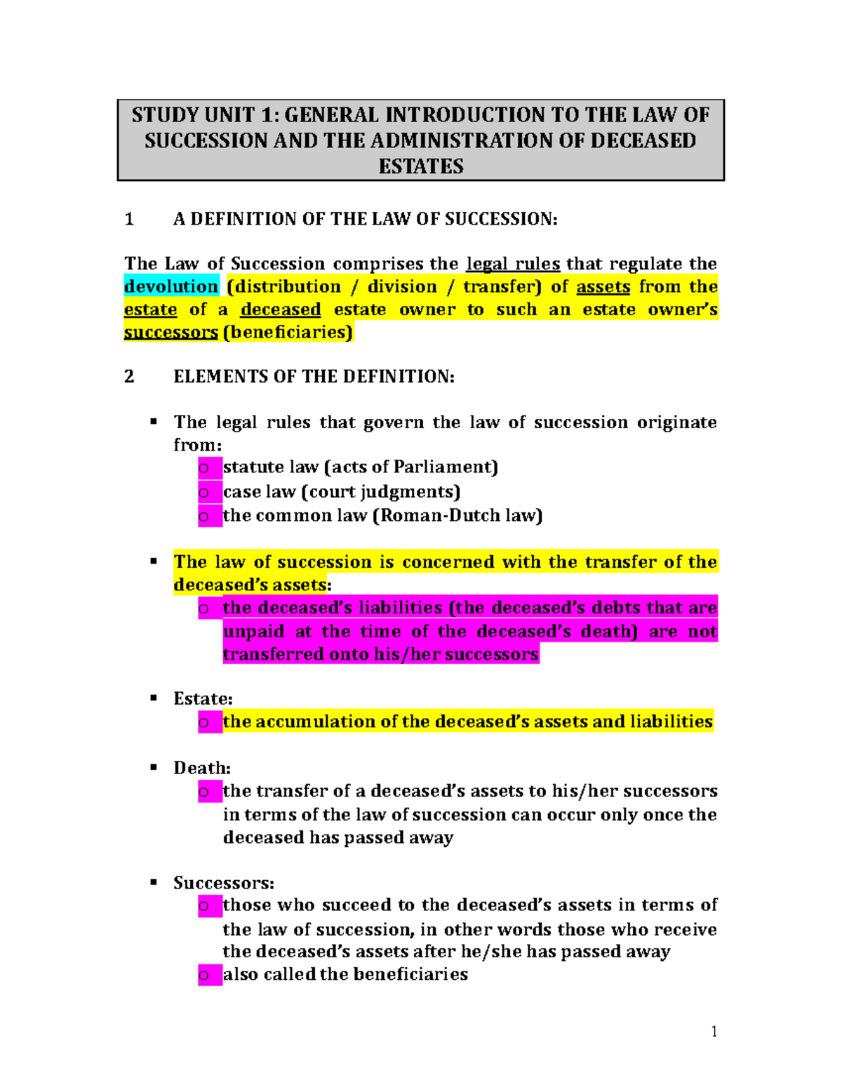 Law Of Succession Study Unit 1 Study Unit 1 General Introduction To