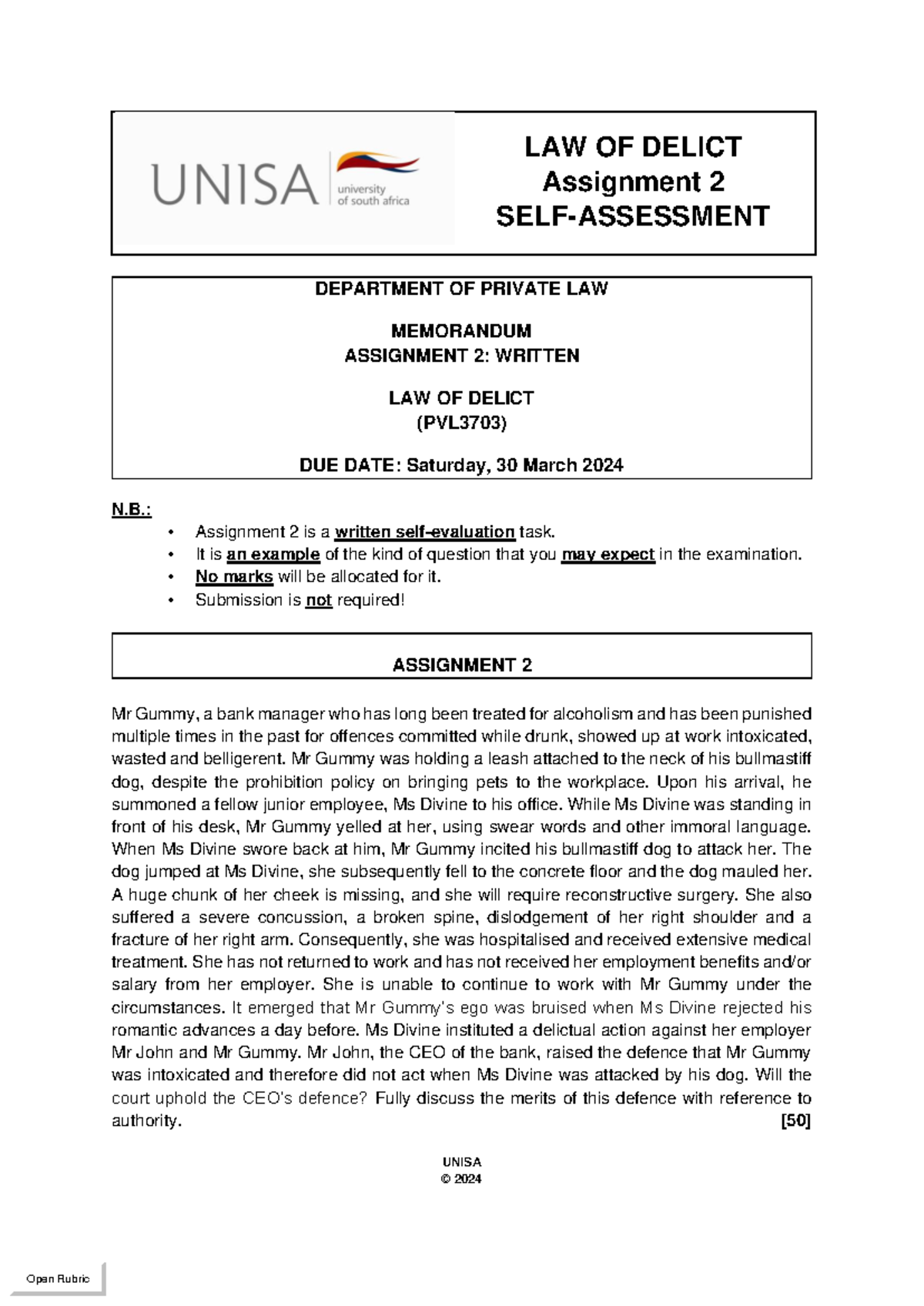 Pvl3703 Self Assessment Memo Assignment 2 Department Of Private Law