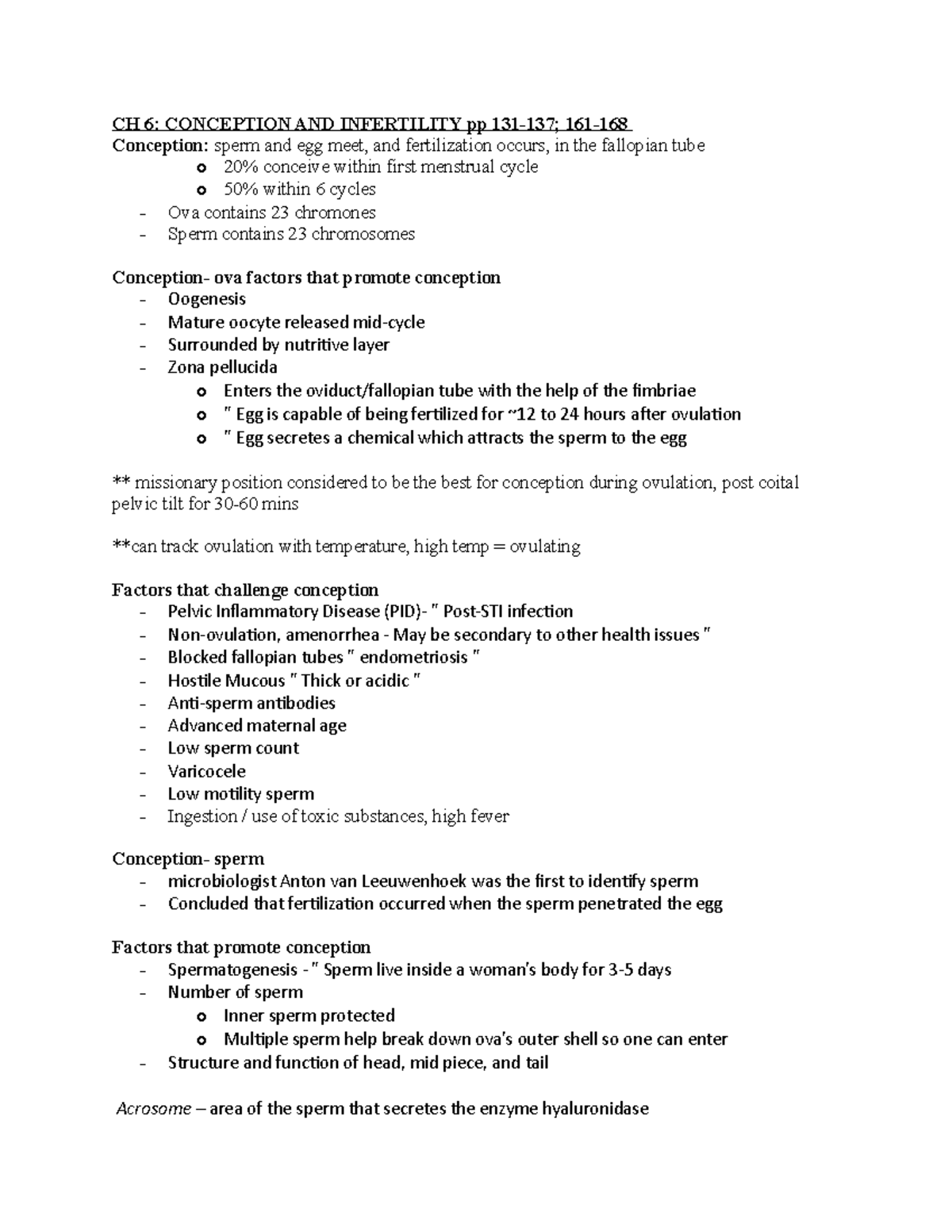 Ch 6 Human Sex Chapter 6 Notes Ch 6 Conception And Infertility Pp