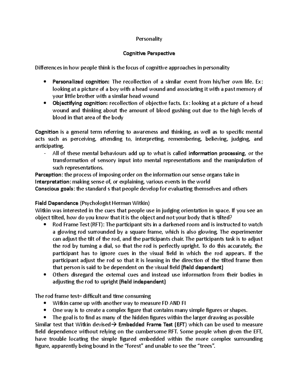 Personality Cog Summary Notes Of Chapter Personality Cognitive