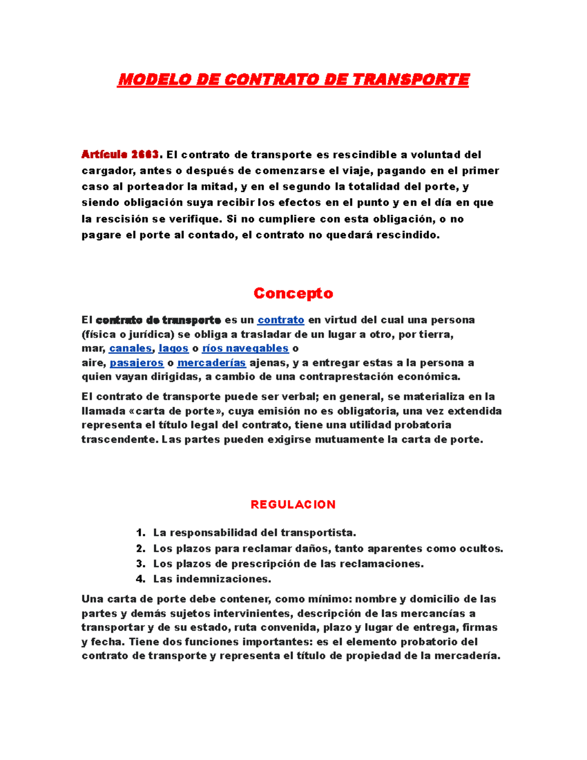 Contrato De Transporte Modelo De Contrato De Transporte Artículo 2663