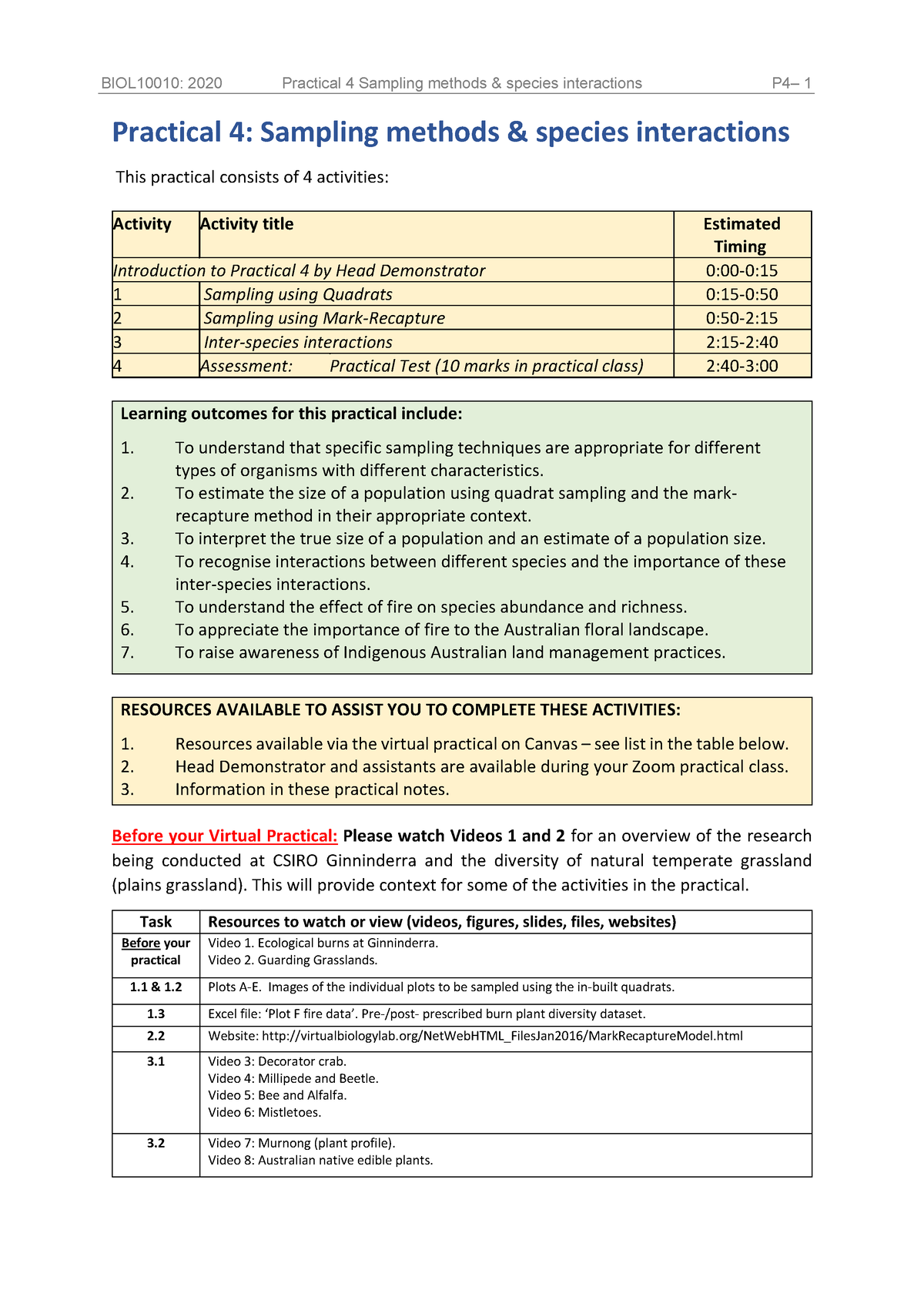 Biol10010 Practical 4 Sampling Methods Interactions 2020 1 Practical