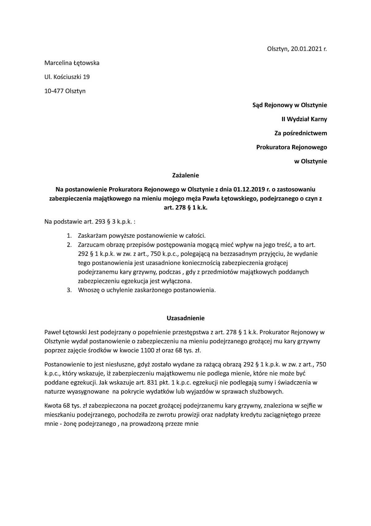 Zażalenie Na Postanowienie O Zabezpieczeniu Majątkowym Olsztyn 2001