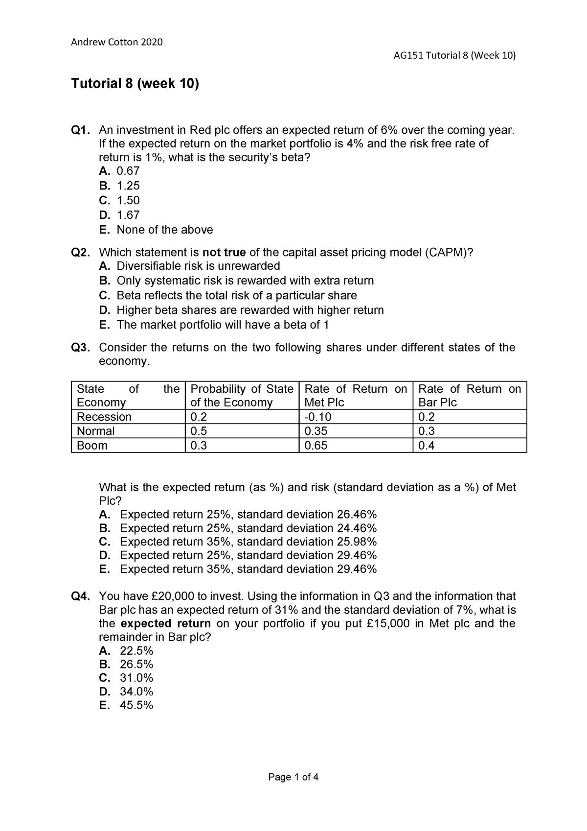 Semester 2 Tutorial 8 Week 10 Ag151 Tutorial 8 Week 10