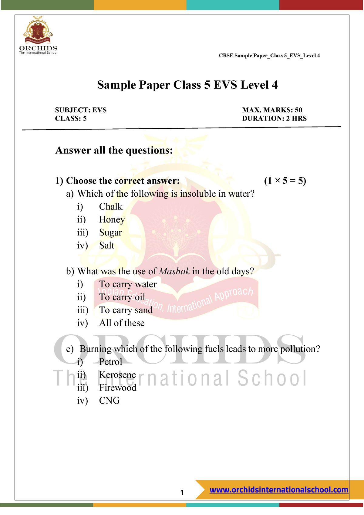 Question Sample Paper Class 5 Evs Level 4 Sample Paper Class 5 Evs