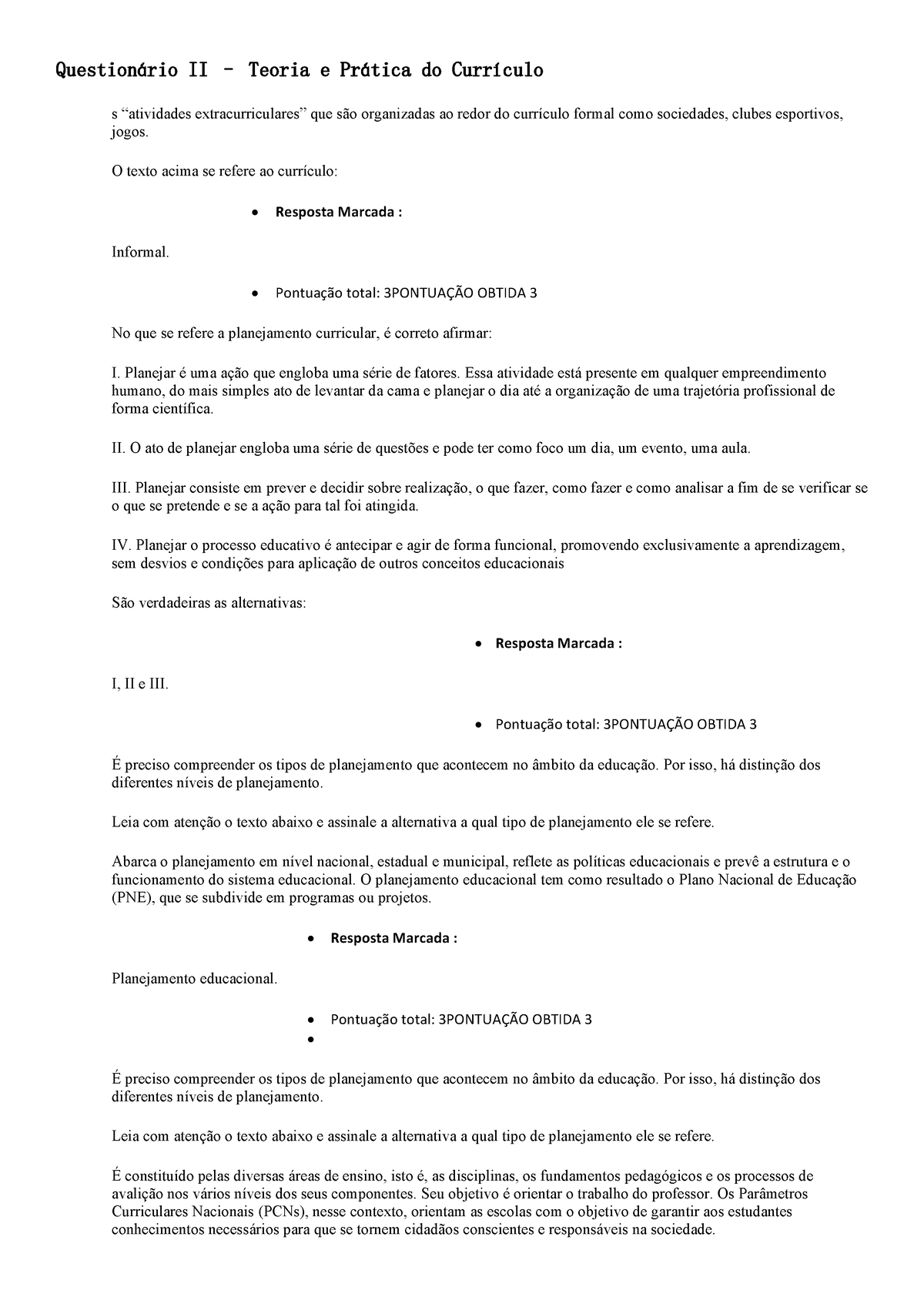 Questionário Ii Teoria E Prática Do Currículo Questionário Ii