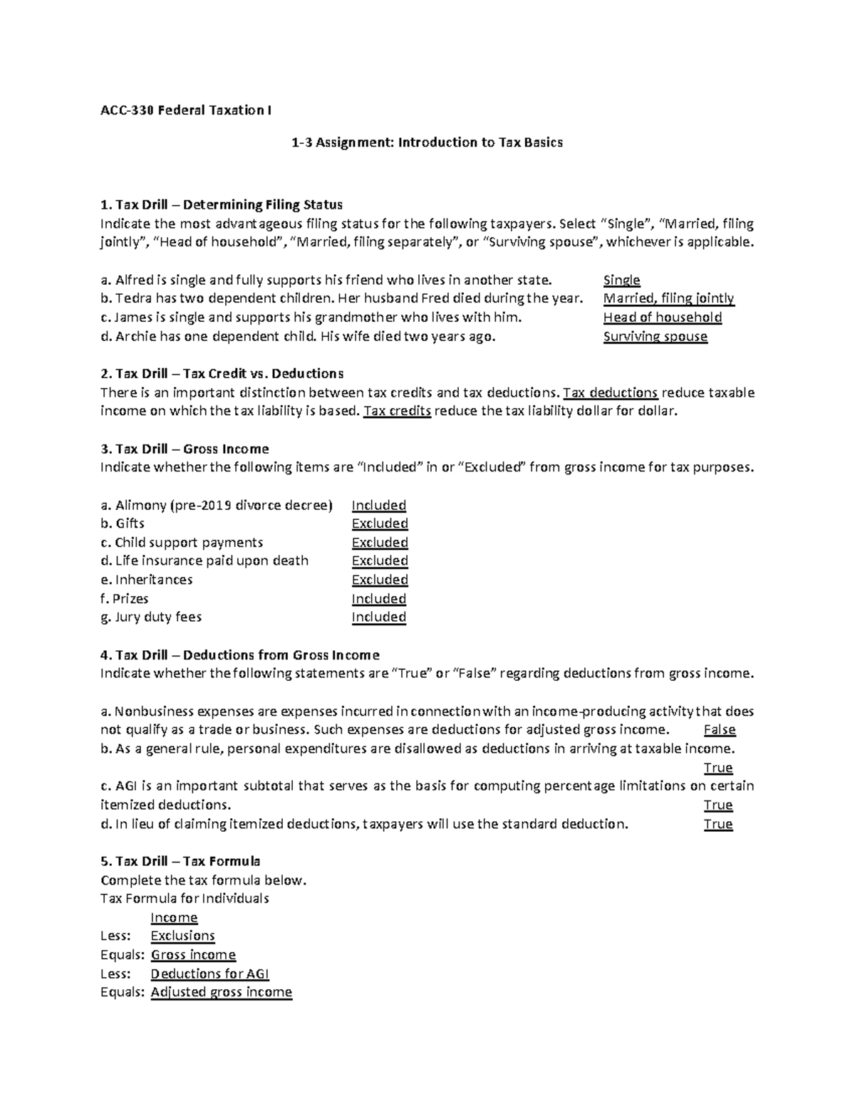 1 3 Assignment Intro To Tax Basics Acc 330 Federal Taxation I 1 3