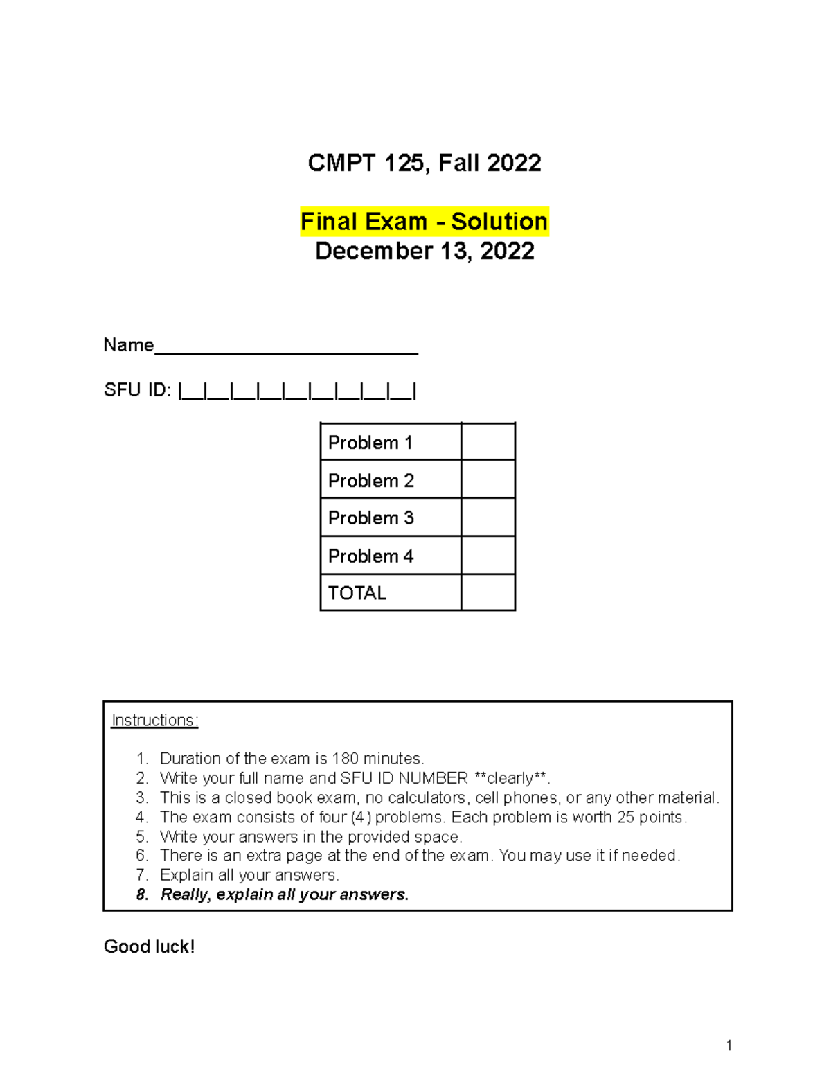 Final Sol Fall2022 Solution For Final Exam Cmpt 125 Fall 2022