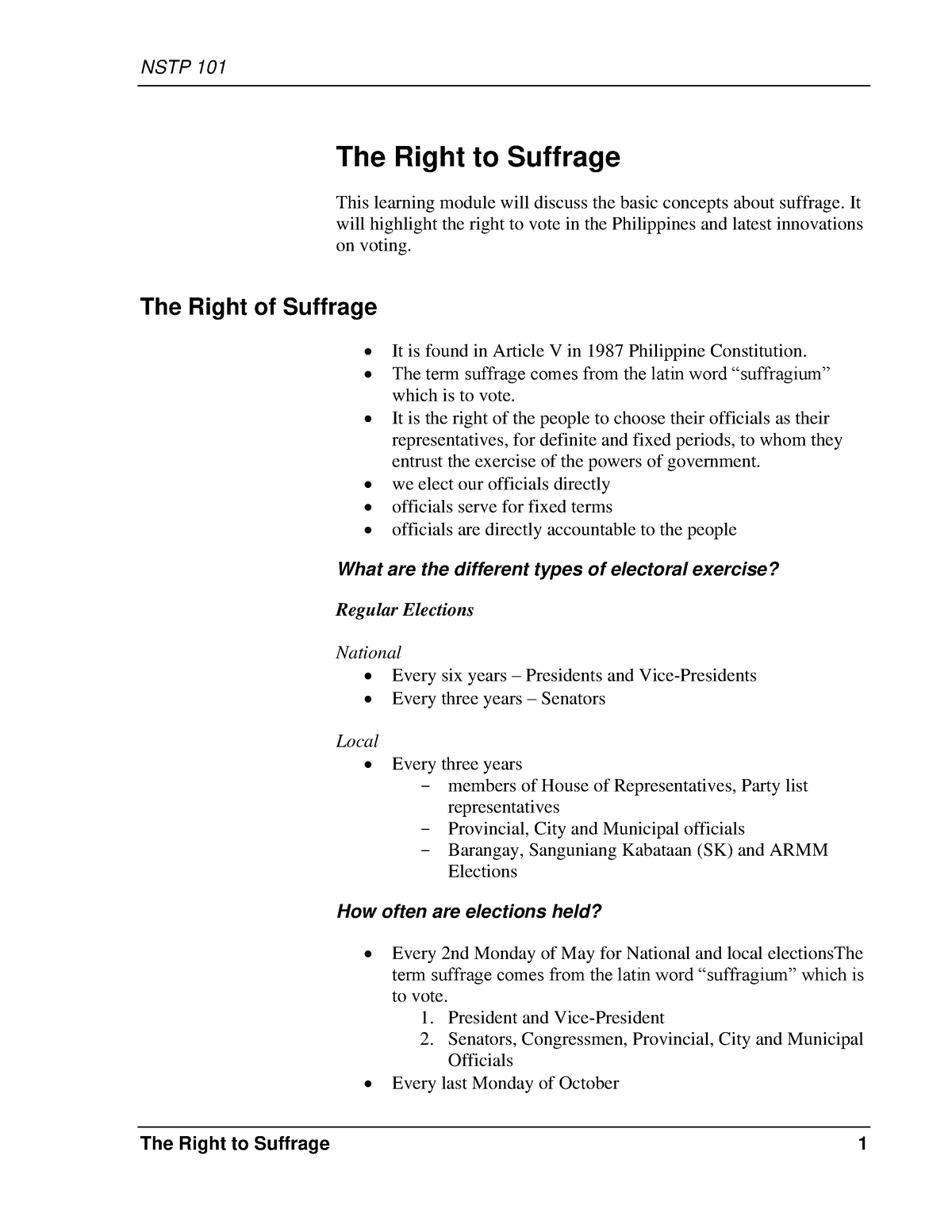 W11 Lesson 8 The Right To Suffrage Module Nstp 101 The Right To