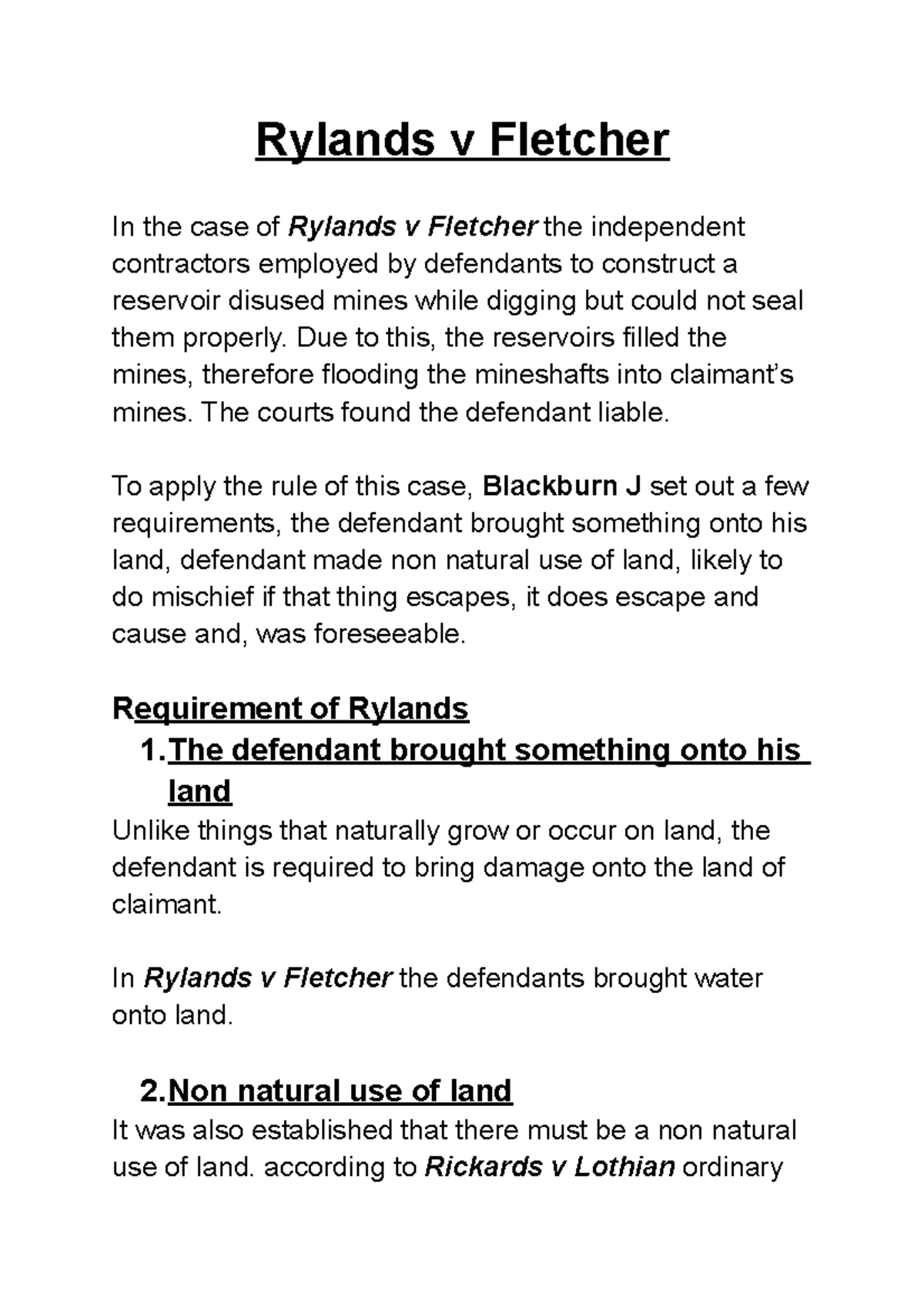 Rylands V Fletcher Notes Rylands V Fletcher In The Case Of Rylands V