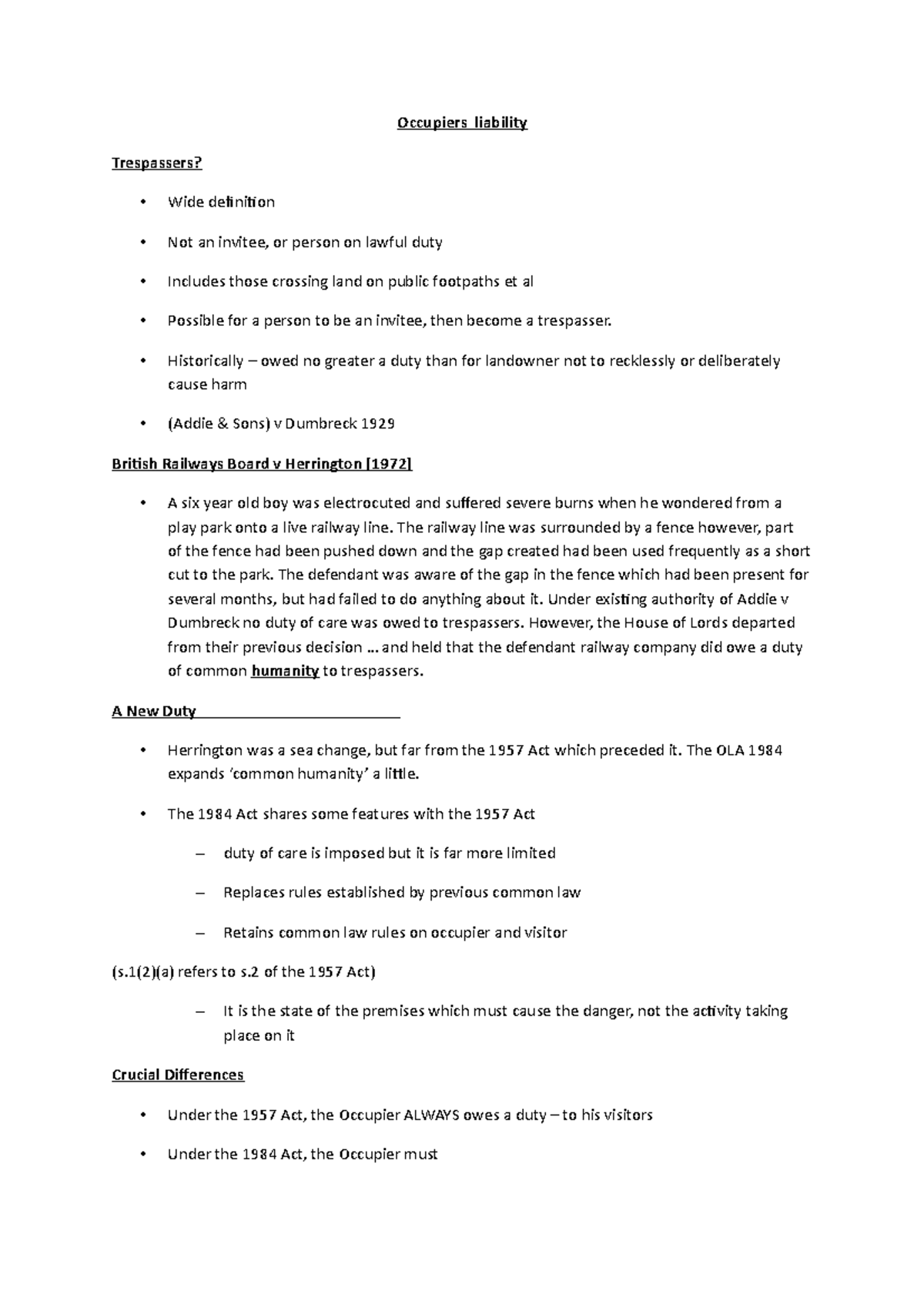 Tort Law Occupiers Liability 2 Occupiers Liability Trespassers Wide