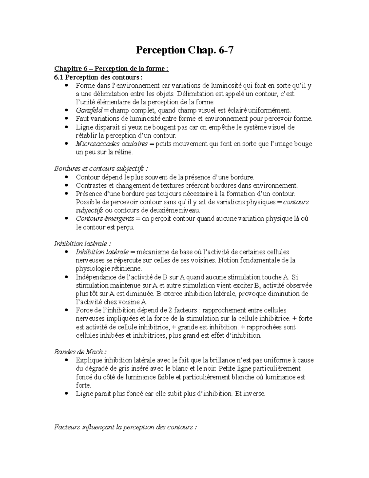 Résumé Chapitres 6 7 Perception Chap 6 Chapitre 6 Perception De