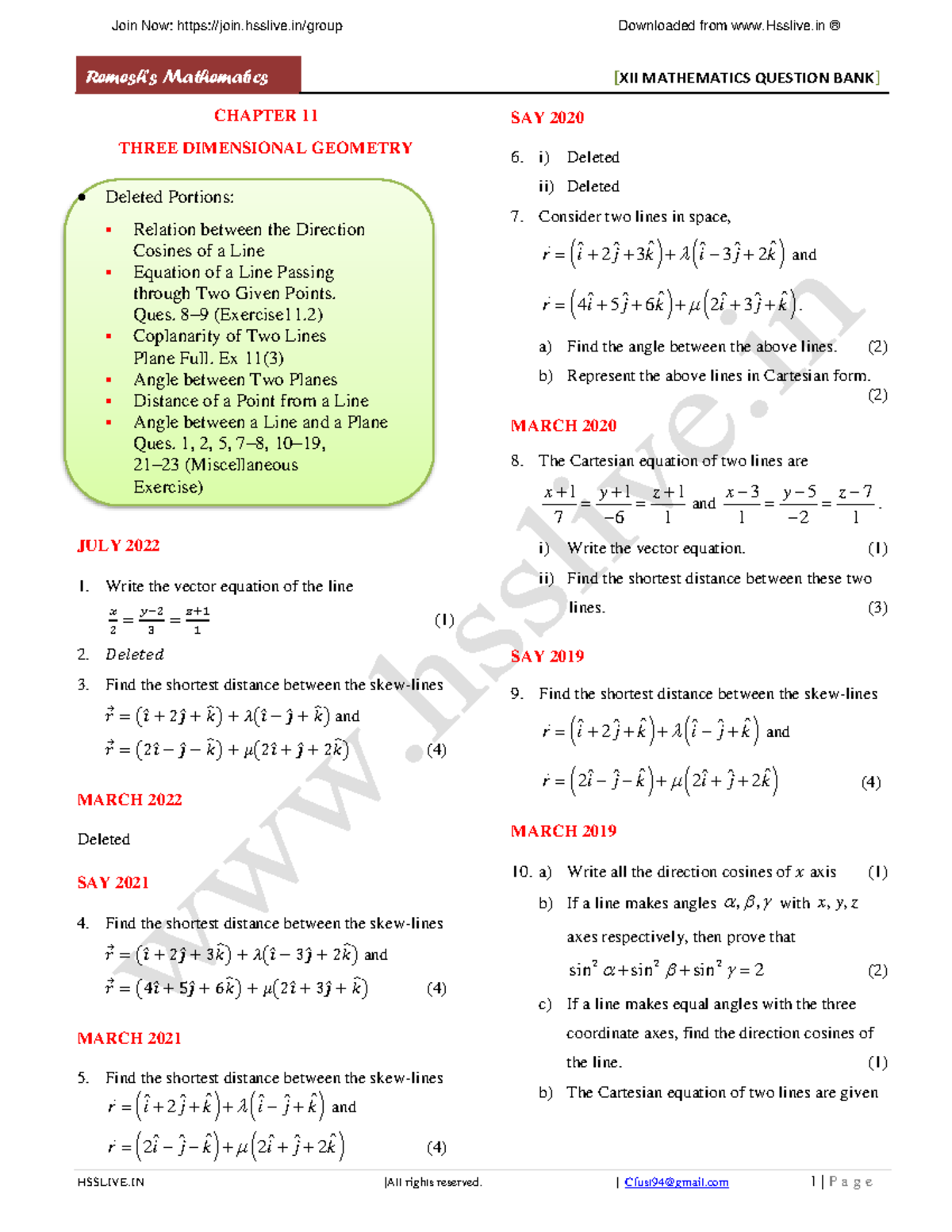 Hsslive Xii Maths Qb 2023 11 Three Dimensional Geometry 2 Remeshs