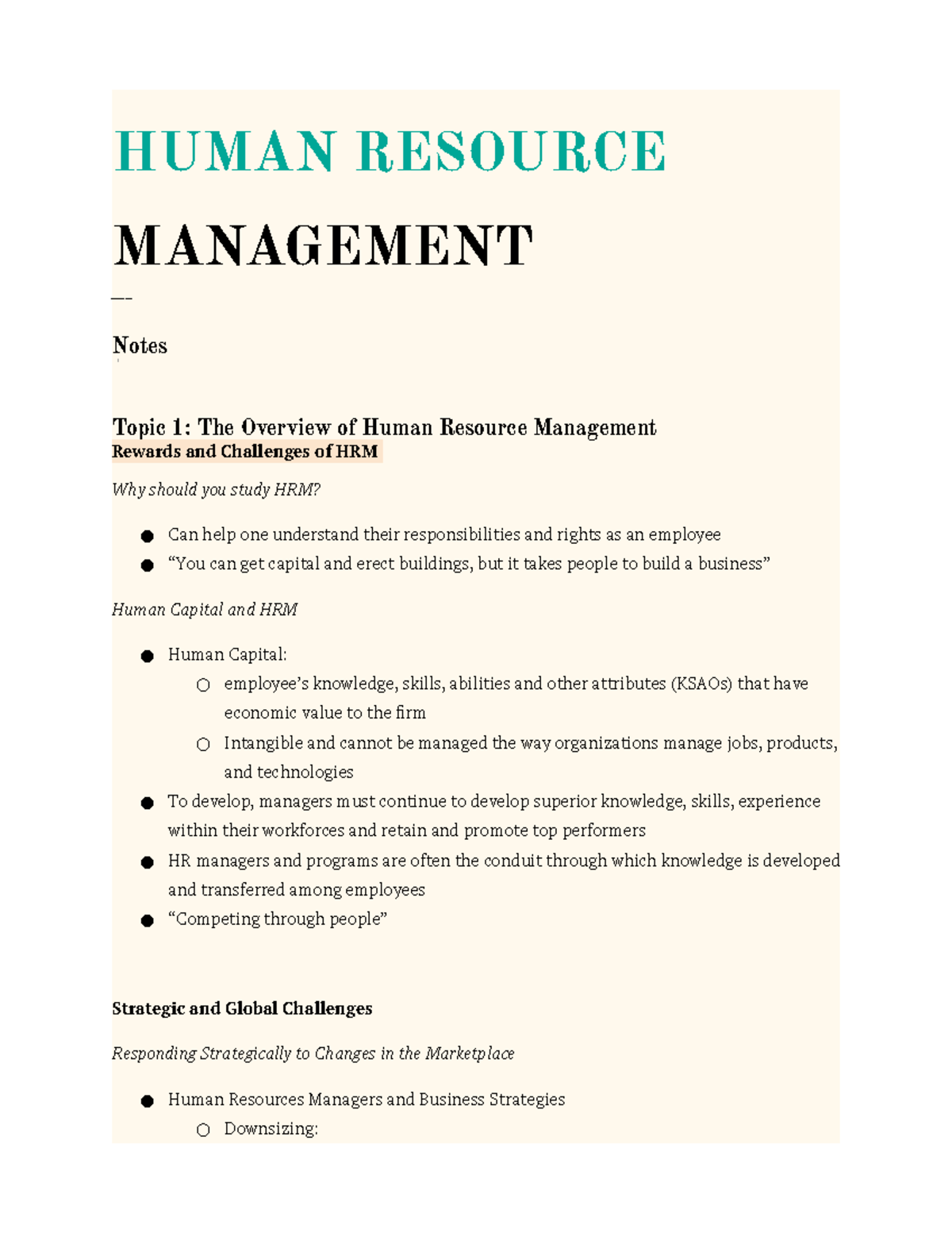 Hrm Notes Human Resource Management Notes Topic 1 The Overview