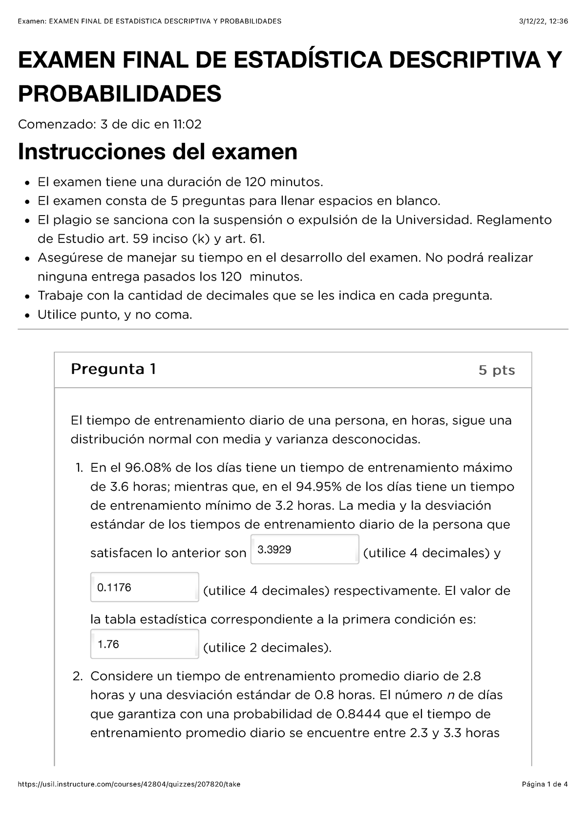 Examen Examen Final De Estadistica Descriptiva Y Probabilidades