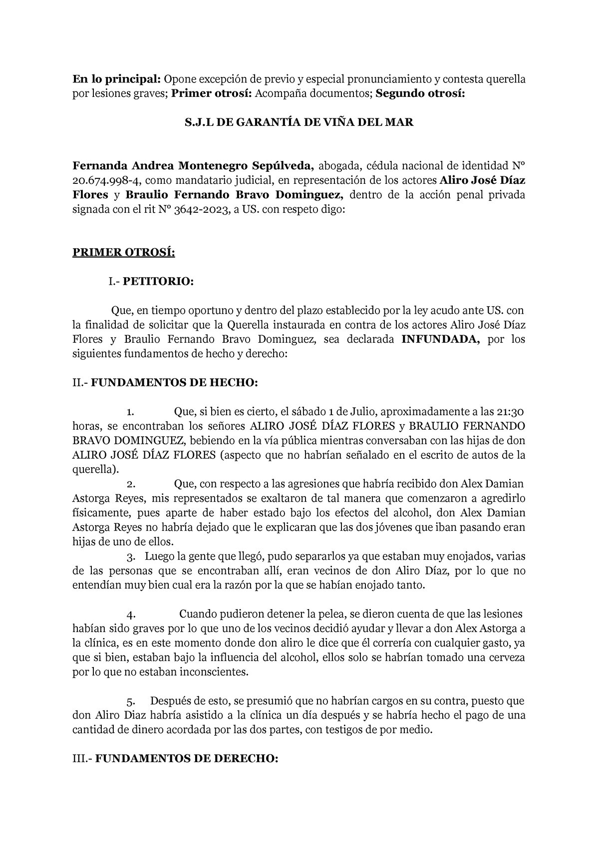 Contestación De Querella En Lo Principal Opone Excepción De Previo Y