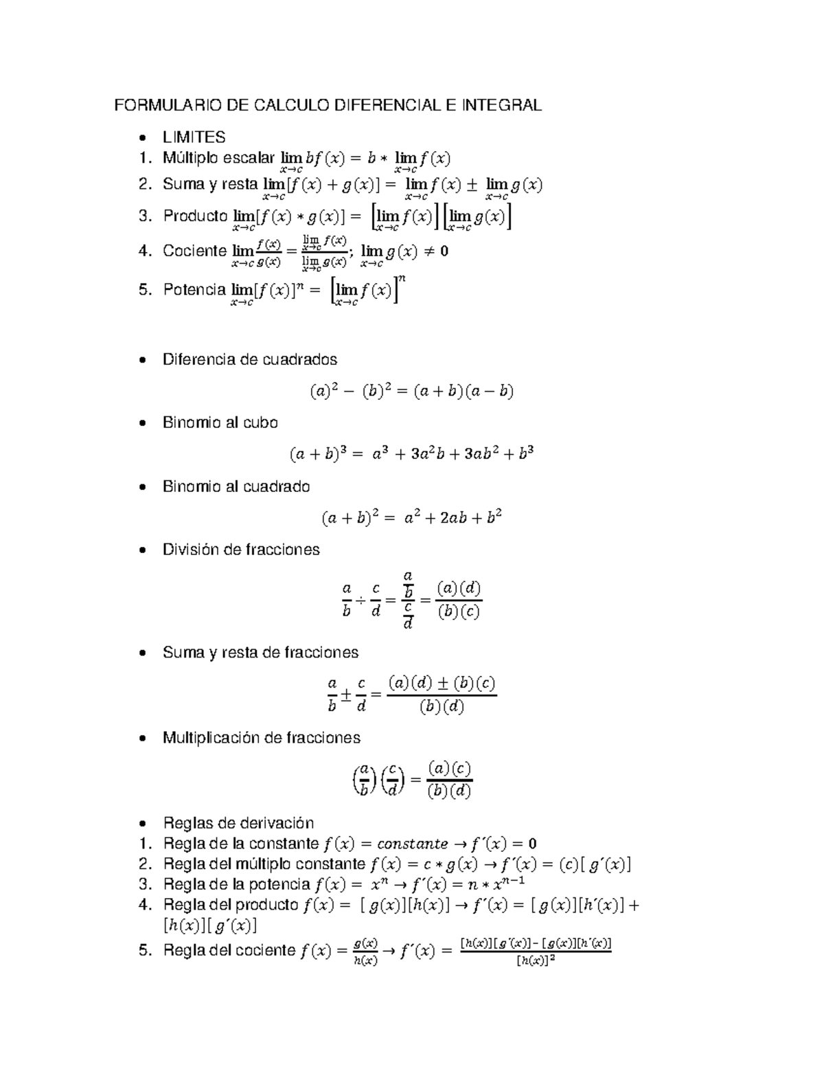 Formulario De Calculo Diferencial E Integral Formulario De Calculo