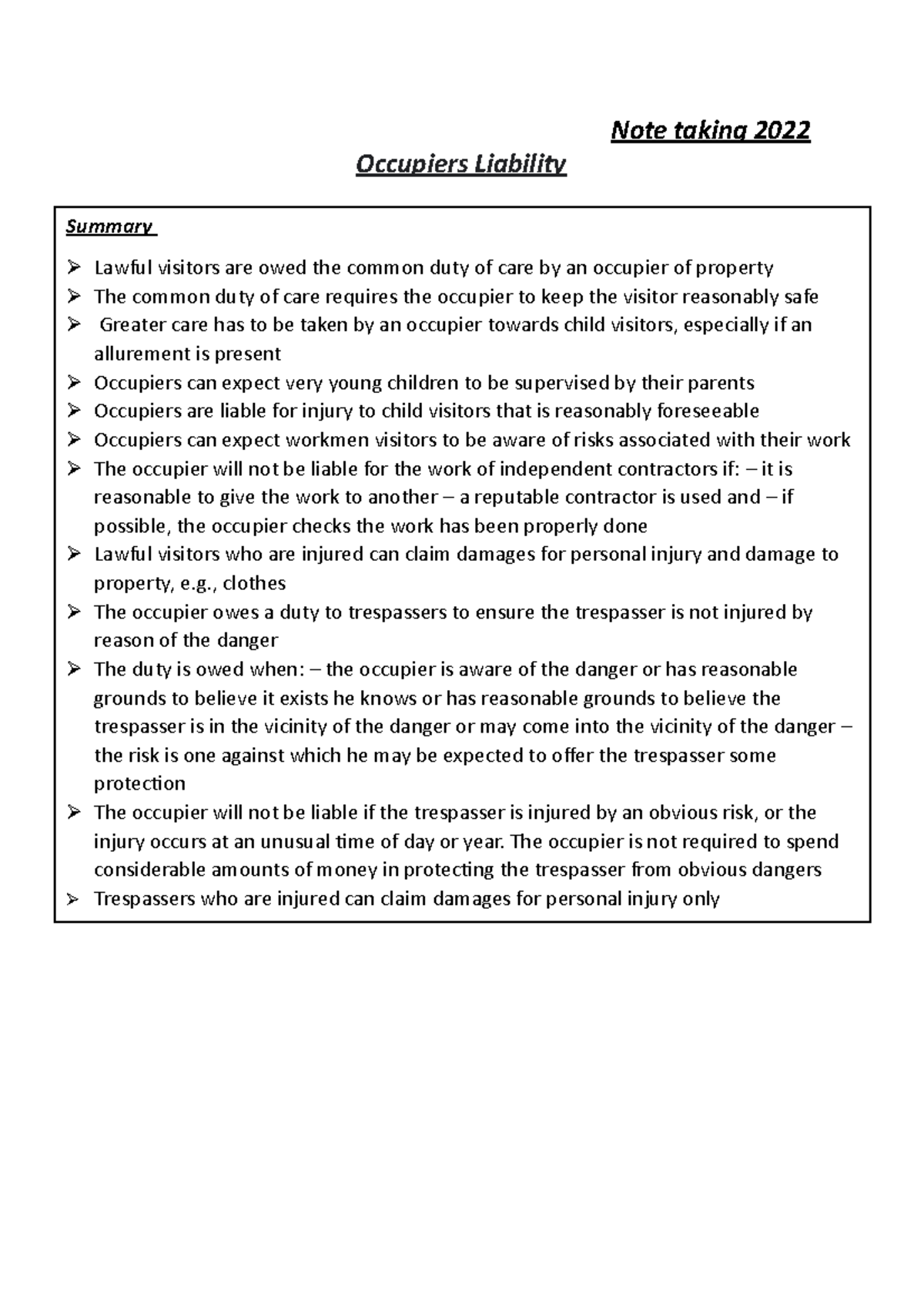 Occupiers Liability Tort Law Note Taking 2022 Occupiers Liability