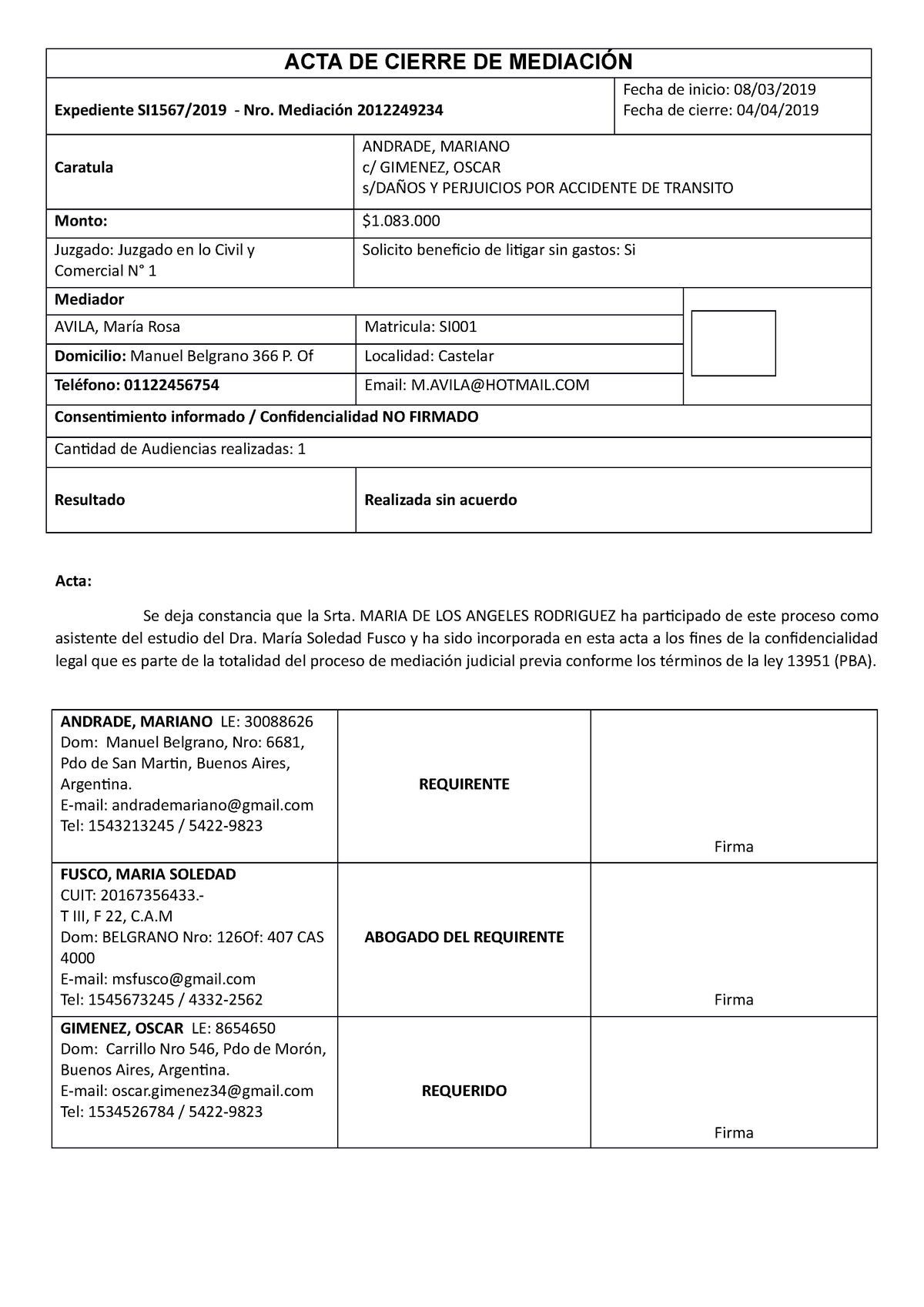 Acta De Cierre De Mediacion Acta Se Deja Constancia Que La Srta