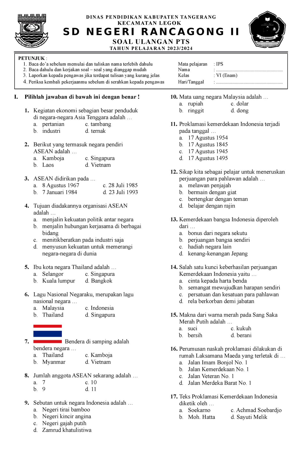 Soal Ips Kls 6 2023 2024 Soal Ips Kurtilas Dinas Pe Ndidik A N K Ab