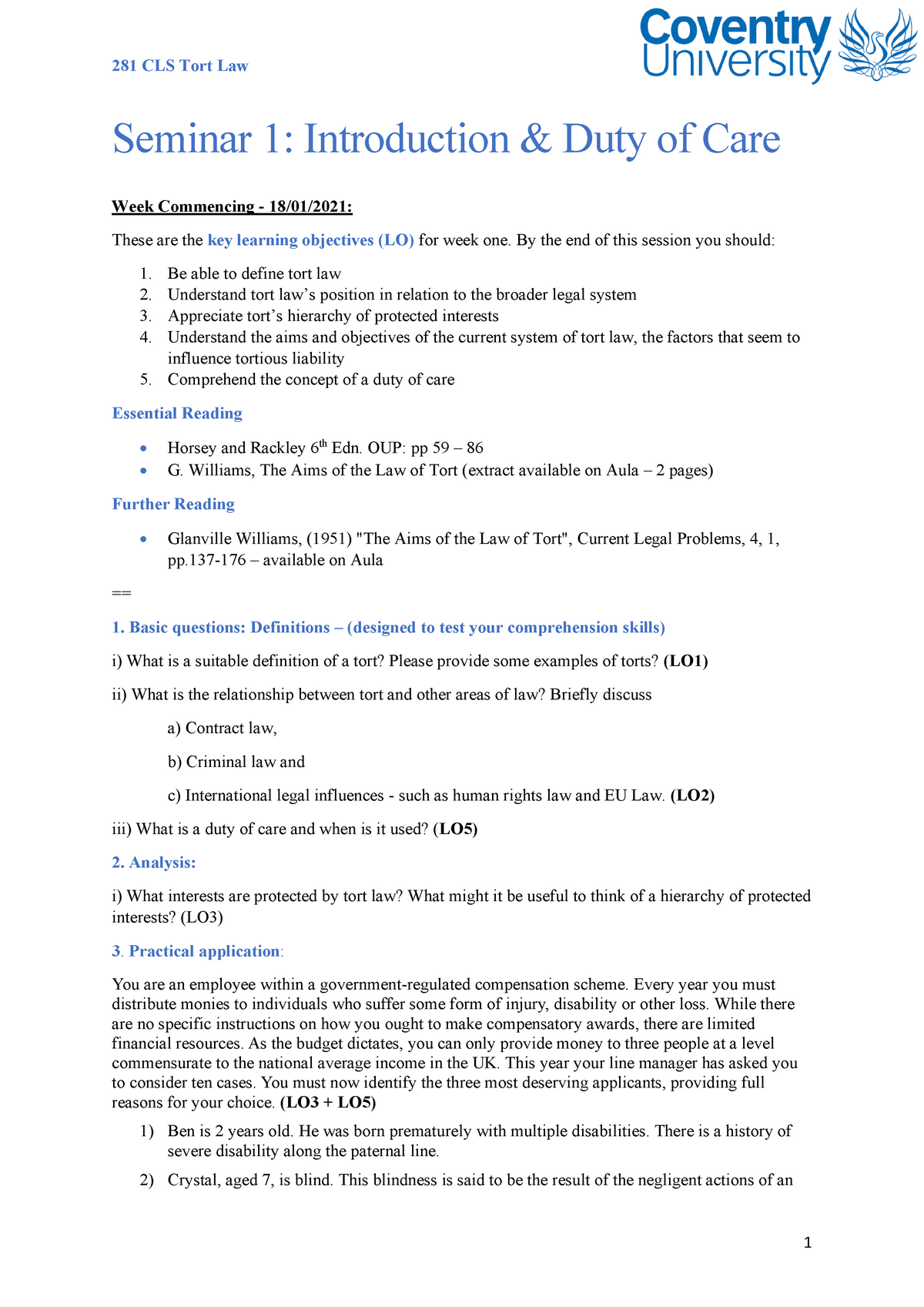 Seminar 1 Introduction To Tort Law And The Duty Of Care In Negligence