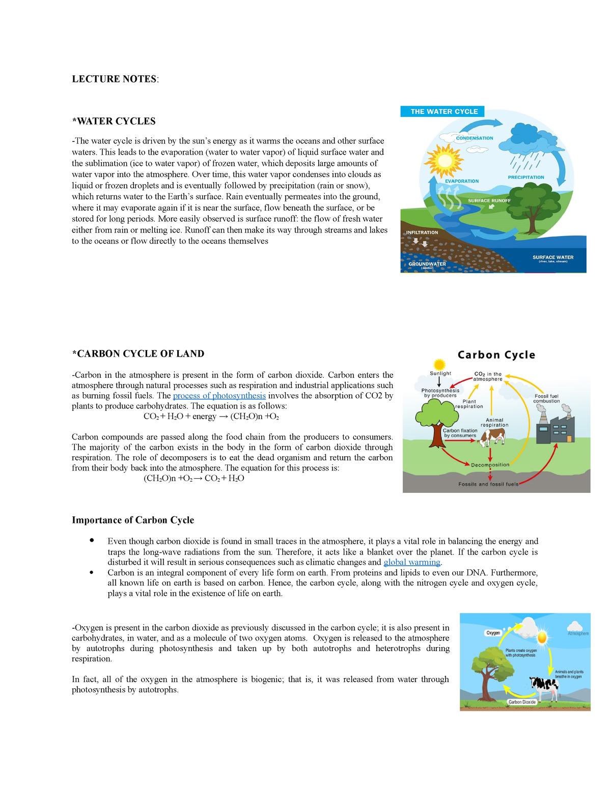 Water Cycles And Carbon Cycles And Oxygen Cycles Lecture Notes