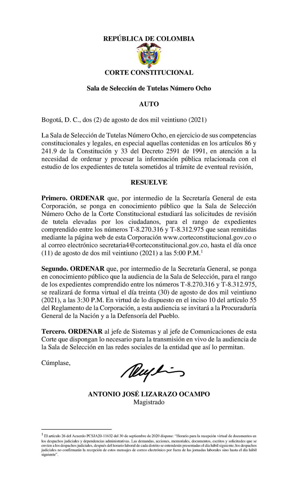 Auto 02 De Agosto De 2021 RepÚblica De Colombia Corte Constitucional