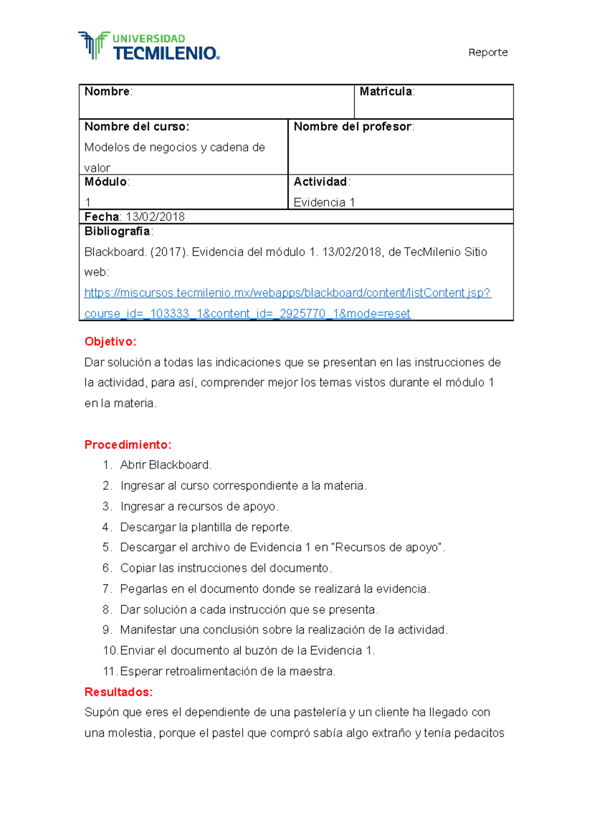 Evidencia 1 Modelos De Negocios Y Cadena De Valor Nombre Matrícula