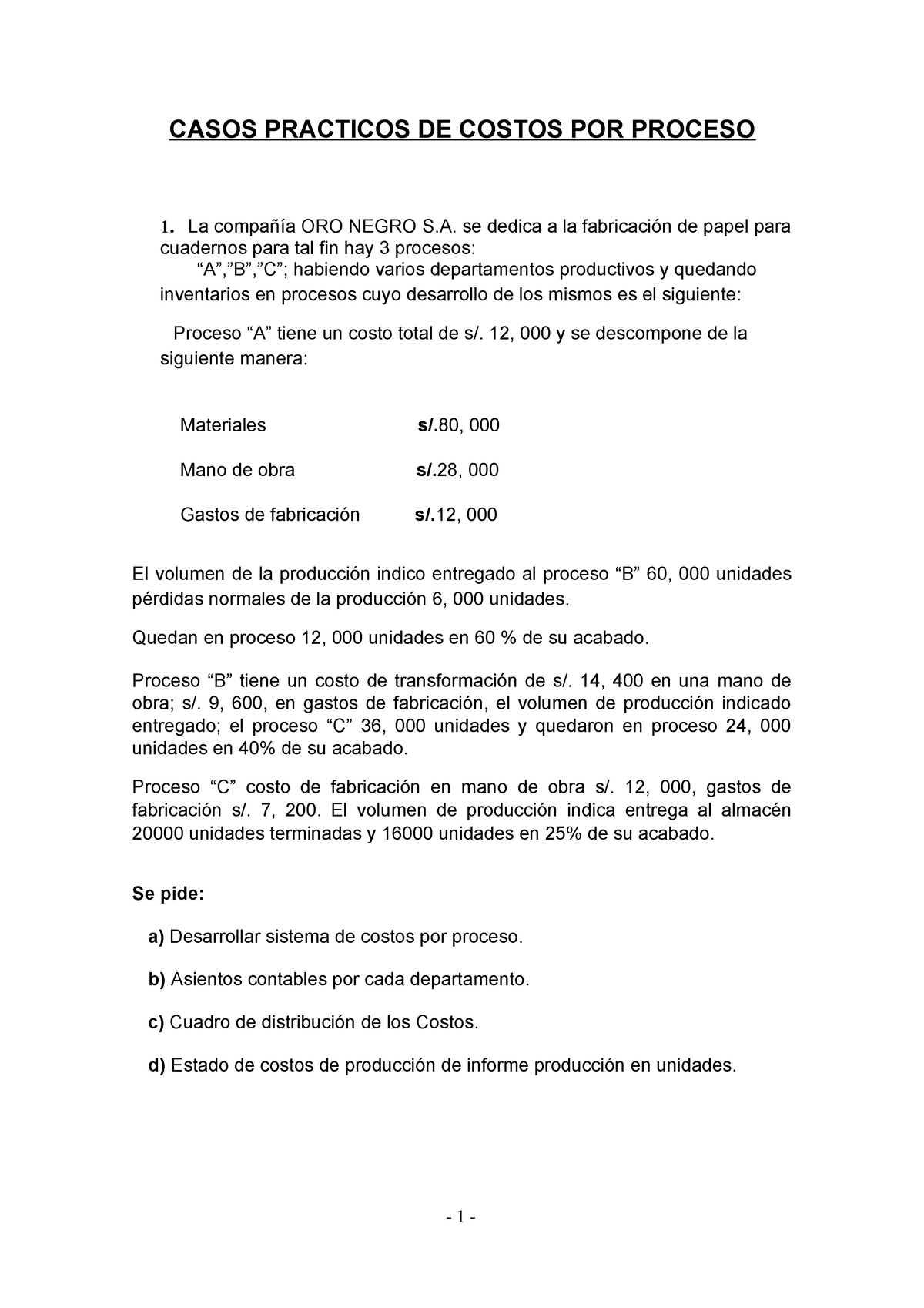 Caso Practico Costo Por Procesos 2023 2 Casos Practicos De Costos Por