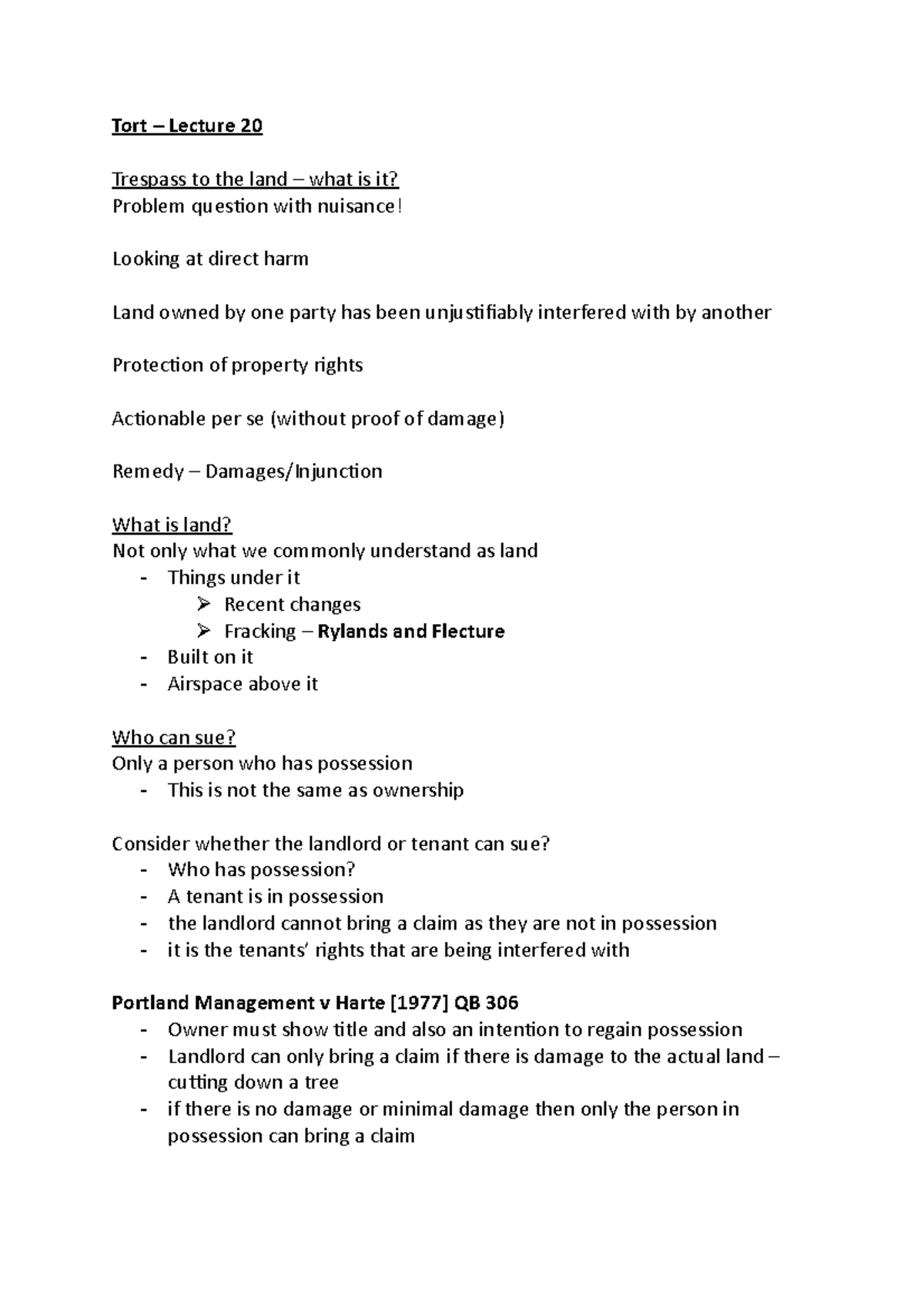 W20 Lecture Tort Lecture 20 Trespass To The Land What Is It