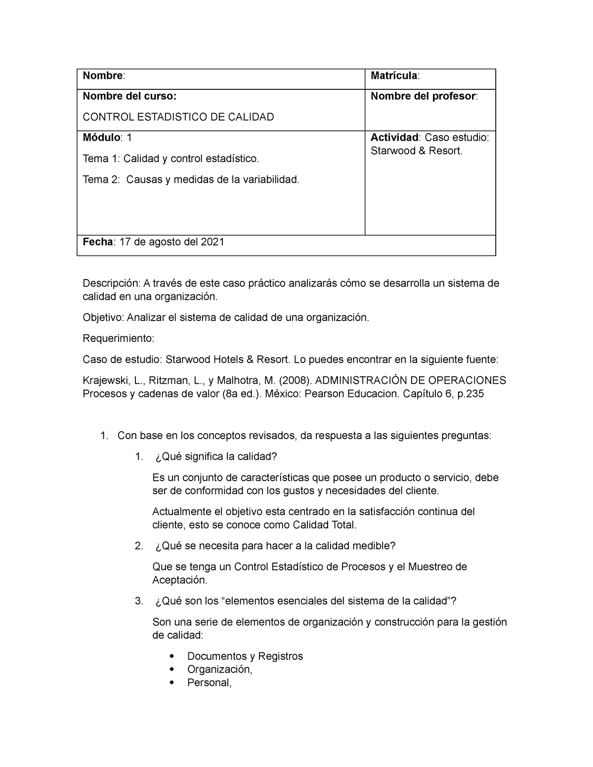 Studocu Actividad 1 De Control Estadistico De Calidad Nombre