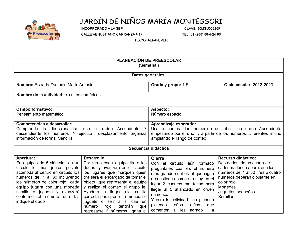 Formato Para Planeacion De Preescolar JardÍn De NiÑos MarÍa