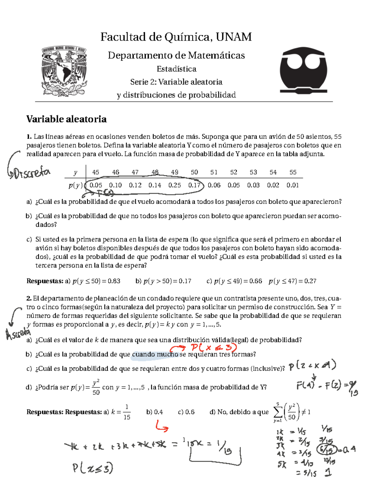 Serie 2 Estad Ã Stica Facultad De Química Unam Departamento De