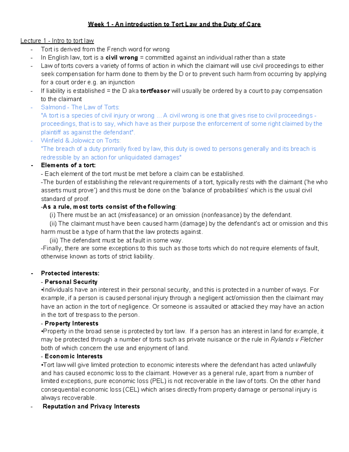 Tort Law Lecture Notes Week 1 Intro To Tort Law And Duty Of Care